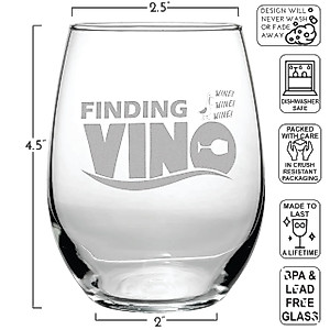 Finding Vino - 15 oz Finding Nemo Fish Wine Glass - Dishwasher Safe -Funny Gag Birthday or Christmas Present - Movie Themed Gifts - Great for long distance Best Friend or Mom - Dory Fan Gift - For Her
