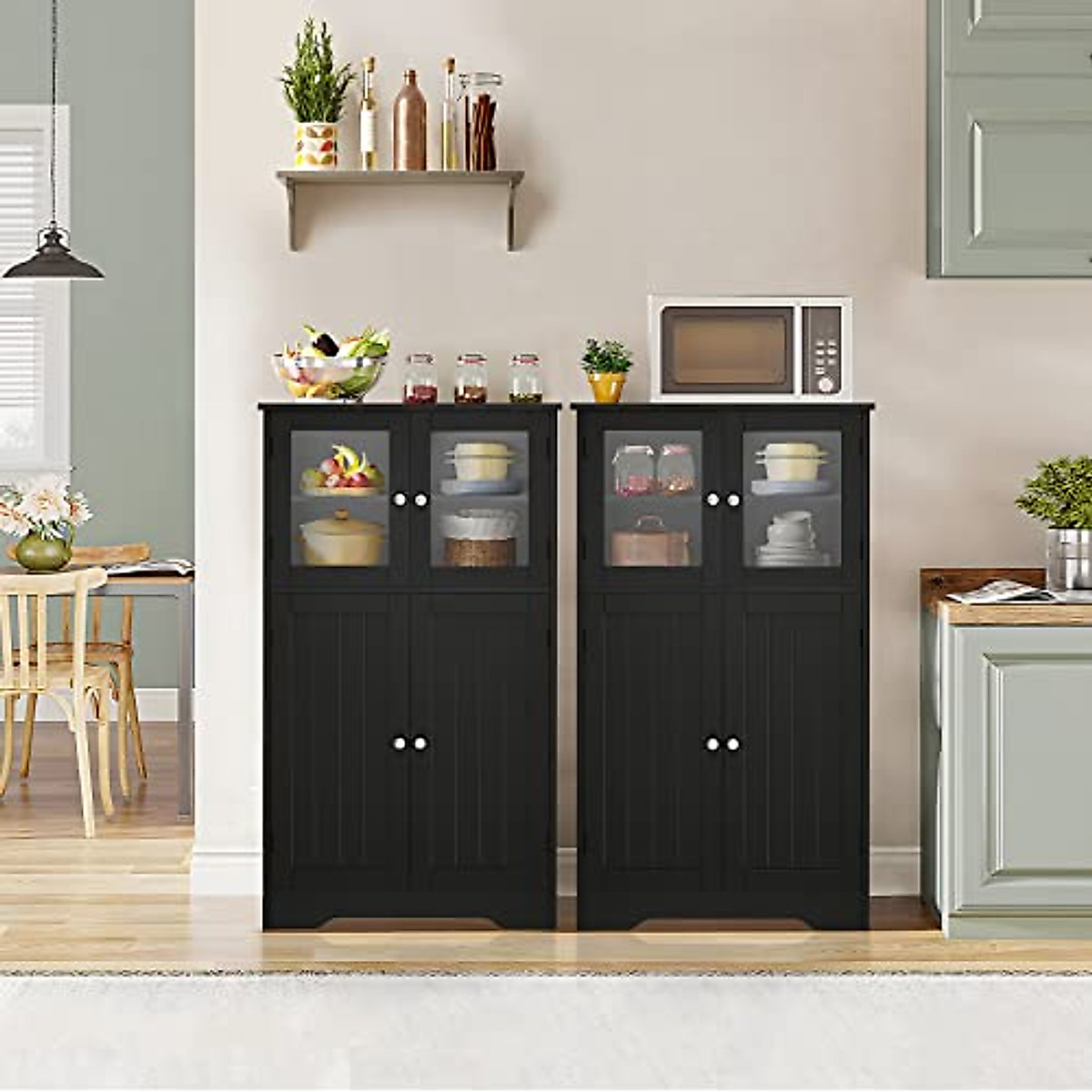 Iwell Bathroom Cabinet, Linen Storage Cabinet with Glass Doors & Adjustble Shelf, Bathroom Floor Cabinet, Cupboard for Living Room, Office, Enterway, Black