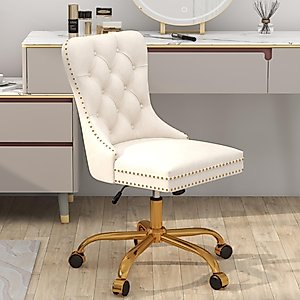 GOOLON Velvet Home Office Desk Chair, Height Adjustable Vanity Chair withTufted Back, Swivel Comfy Seat, Luxury Rivet Trim, Golden Base for Bedroom Living Room, Beige