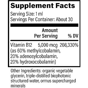 Global Healing Vitamin B12 Sublingual 5000 mcg Organic Liquid Supplement, Methylcobalamin, Adenosylcobalamin, Hydroxo Long-Lasting Energy and Healthy Metabolism - Vegan B12 Vitamins (1 Oz)