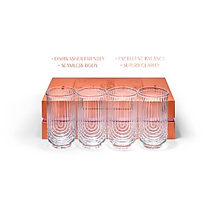 Vintage Art Deco Highball Gatsby Cocktail Glasses | Set of 4 | 14 oz Double HiBall Glassware for Drinking Mojito, Gin Rickey, Whiskey Highball, Classic Long Bar Drinks | Large Tall Tumblers