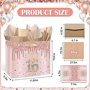 GOLDCROW Sweet 16 Gift Bag with Tissue Paper and Birthday Card Rose Gold 16th Birthday Gift Wrap Bag for Girls 16th Bday Bag with Wrapping Paper Sweet 16 Party Supplies Decorations