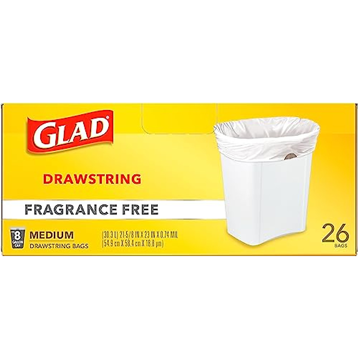 Glad Medium Drawstring Trash Bags, 8 Gallon, White, Fragrance Free, 26 Count, Pack May Vary