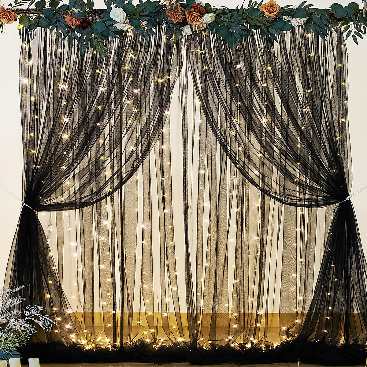 Black Sheer Backdrop Curtains with Lights String for Birthday Party 10ft × 8ft Black Tulle Backdrop Curtain for Baby Shower Halloween Photo Shoot Decorations