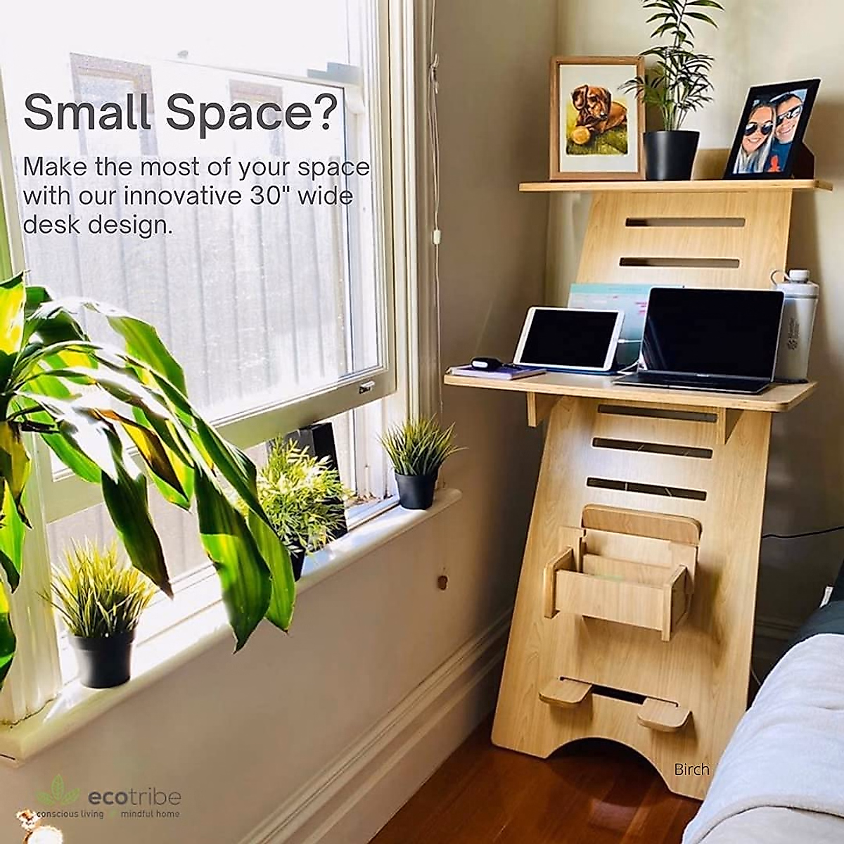 ecotribe Modern Height Adjustable 2 Tier Desk for Small Spaces - Compact Narrow 30 inch Wide Sit/Stand Up Desk - Easy Adjustable Standing Desk for Study, Bedroom & Home Office