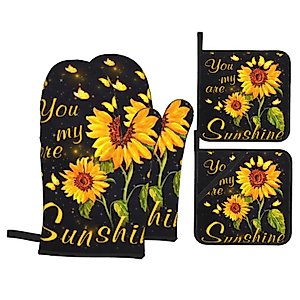 You are My Sunshine Sunflower Oven Mitts and Pot Holders Sets 4 Pcs Set, Heat Resistant Oven Gloves Hot Pad for Kitchen Cooking Baking BBQ