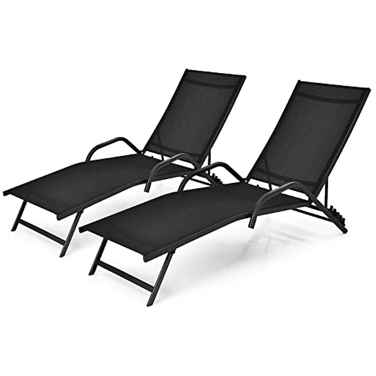 Tangkula Outdoor Patio Chaise Lounge Chairs, Reclining Lounge Chairs with 5-Position Adjustable Backrest & Breathable Fabric, Outdoor Recliner Chairs for Lawn, Poolside & Backyard, Set of 2 (2, Black)