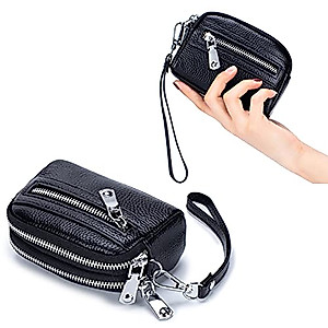 Genuine Leather Mini Genuine Leather Coin Pouch Wallet Wristlet Handbag hand strap clutch (Black)