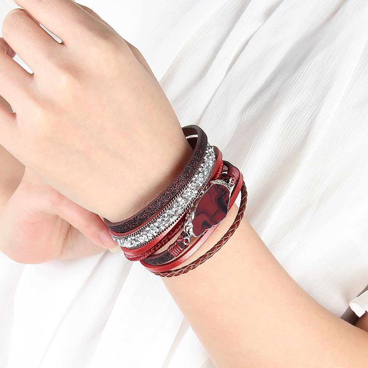 COOLLA Braided Wrap Bracelet Agate Stone Crystal Leather Cuff Bangle Women Bracelet (Red leather bracelet)