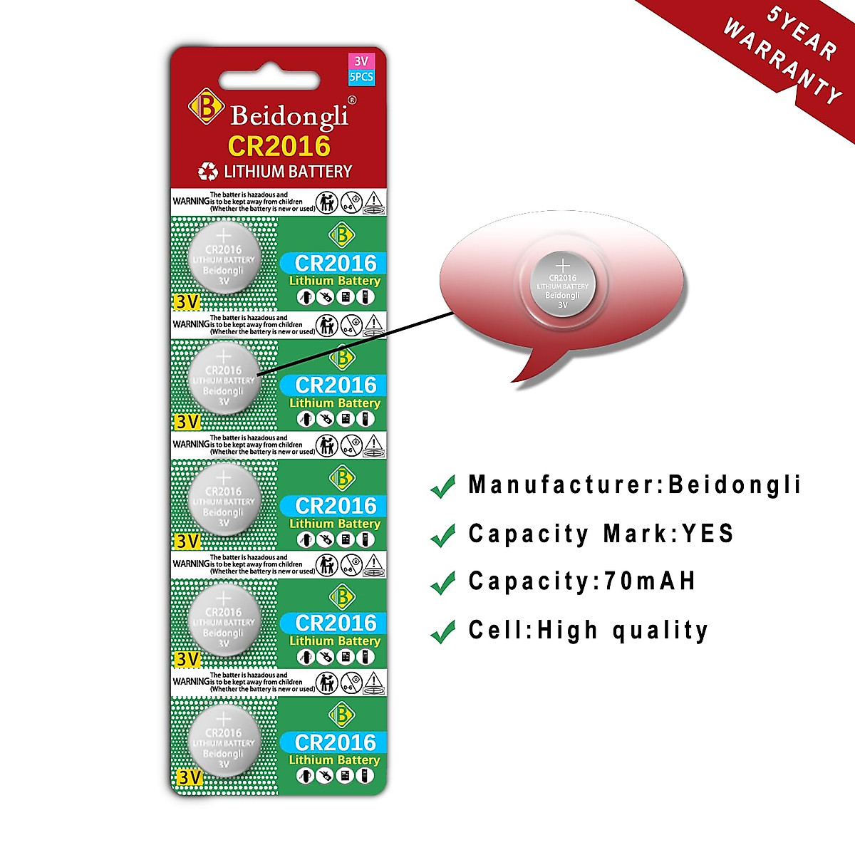 Beidongli CR2016 3V Lithium Battery (10-Pack)【5-Year Warranty】