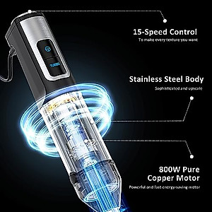 BEEWEEL Immersion Blender Handheld - 800 Watts Scratch Resistant Hand Blender, 15 Variable Speeds & Turbo Hand Mixer, 3-in-1 Heavy Duty Copper Motor Handheld Blender with Egg Whisk and Chopper