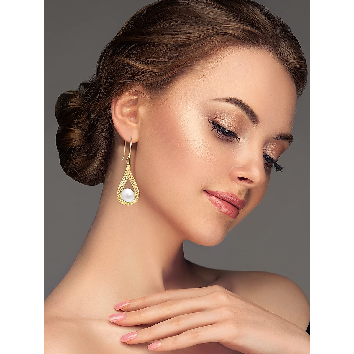 Big White Pearl Dangle Pierced Earrings for Women (White-14K Gold)