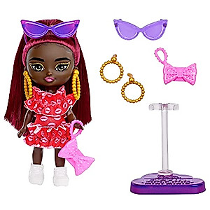 Barbie Extra Mini Minis Doll with Burgundy Hair, Red Ruffle Dress, Sunglasses & Accessories & Stand, 3.25-inch