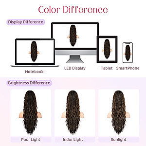 HOOJIH Ponytail Extension, Drawstring Ponytail Hair Extensions 26 Inch Long Curly Wavy Ponytail Natural Wavy Synthetic Hairpiece for Women Daily Use - Black Brown with highlights