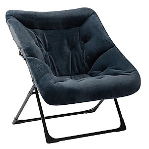HollyHOME X-Large Saucer Chair, Comfy Oversized Folding Chair, Faux-Fur Reading Chair for Teens, Adults, Foldable Accent Lazy Chair, Metal Frame Lounge Chair for Living Room, Bedroom, Dorm, Navy Blue