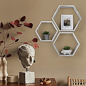 SEHERTIWY Hexagonal Floating Shelves Wall Mounted Set of 3 Wood Farmhouse Storage Honeycomb Wall Shelf for Bathroom, Kitchen, Bedroom, Living Room, Office,Driftwood Finish