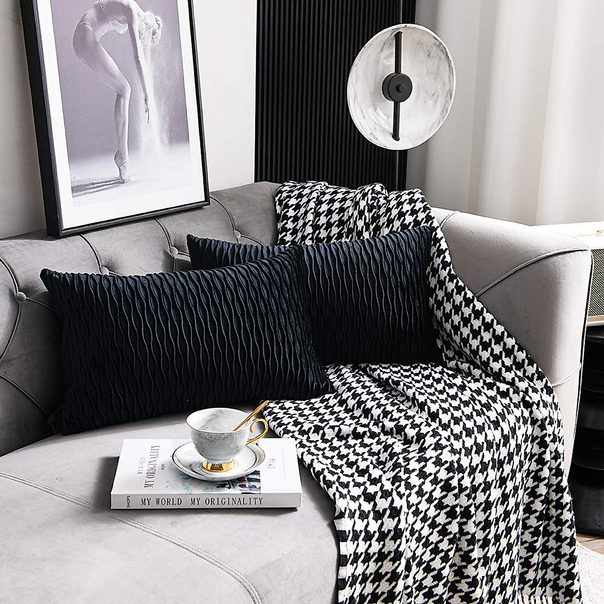 DEZENE Black Striped Decorative Pillow Covers: 2 Pack 12x20 Inch Original Velvet Rectangular Throw Pillow Cases for Farmhouse Couch