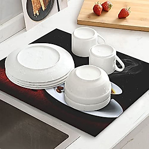 Hot Coffee with Coffee Bean Printed Drying Mat For Kitchen Ultra Absorbent Microfiber Dishes Drainer Mats Non-Slip Silicone Quick Dry Pad - 18 X 16inch
