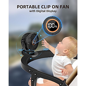 TUNISE Mini Clip on Fan, Battery Operated Desk Fan, Digital display，3 Speeds Adjustable, Bidirectional 360 ° Adjustable, Super Strong Wind, Portable Fan for Home Office Stroller Camping Black