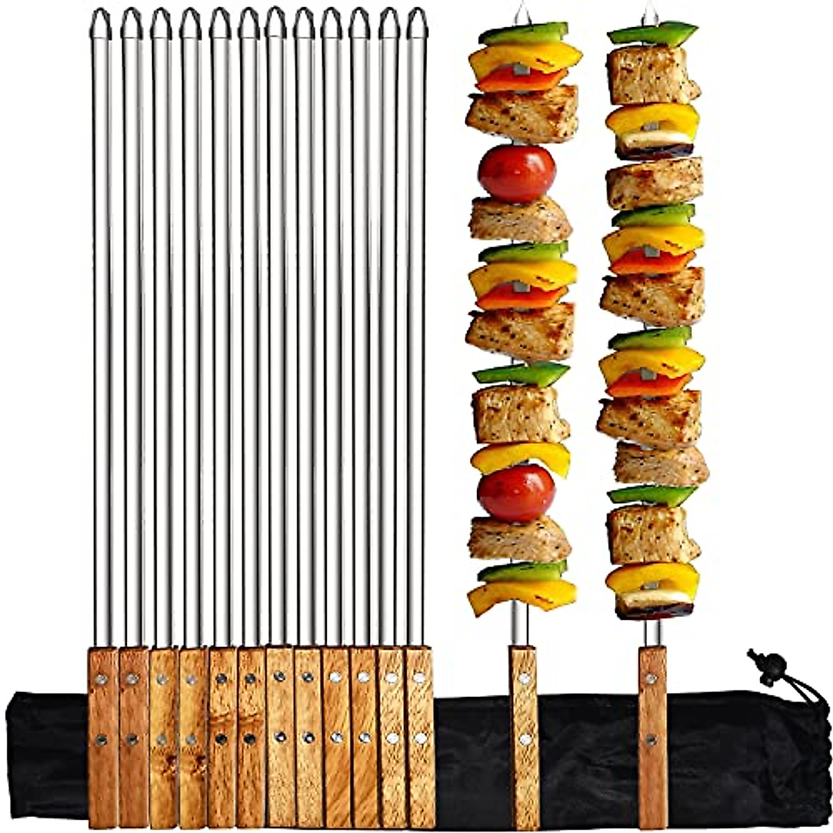 Vokop 12 Pack Kebab Skewers 23.5 Inch Long Flat Stainless Steel Grilling BBQ Skewer Reusable Barbecue Skewers with Wood Handle,Ideal for Koubideh Persian Brazilian Chicken Shrimp Turkish Shish Kabob