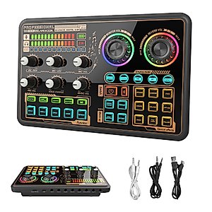 Hosabely Sound Effects Board, Audio Interface with Voice Changer and LED Lights, Live Sound Board for PC Phone Microphone, Audio Mixer for Karaoke, Streaming, Recording, Gaming