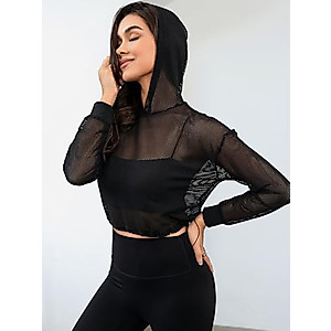 SweatyRocks Women's Activewear Long Sleeve Hollow Out Drawstring Hooded Sweatshirt Sports Crop Top Black M