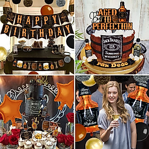 BORAMDO Whiskey Birthday Party Decorations for Men, Aged to Perfection Party Supplies including Whiskey Birthday Banner, Cake Toppers, Whiskey Foil Balloons, Tissue Paper Flowers (brown)