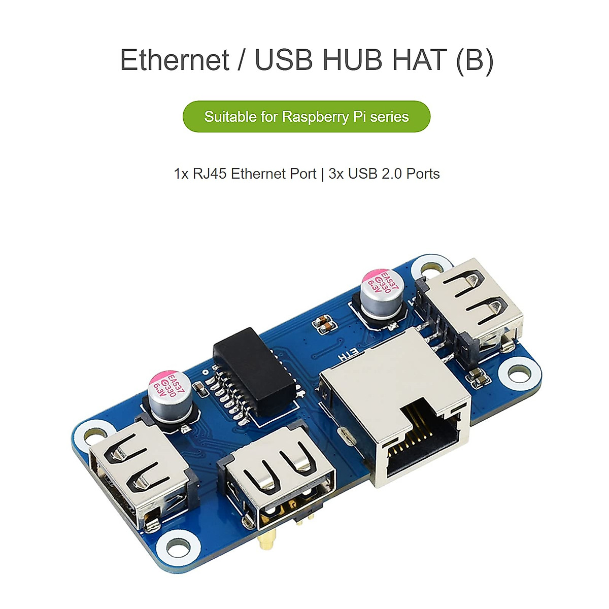 Ethernet/USB HUB HAT for Raspberry Pi 4 B/3 B+/3A+/2B/Zero/Zero W/Zero WH, with 1x RJ45 10/100M Ethernet Port, 3X USB 2.0 Ports Compatible with USB 2.0/1.1