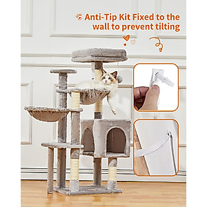 Taoqimiao Cat Tree, 39.4-Inch Cat Tower for Indoor Cats,Suitable for Kittens,Plush Cat Condo with 5 Scratching Posts, Plush Perch,2 Hammock,Pompoms, MS019W Light Gray