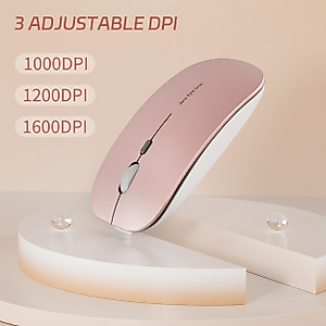 Uciefy Q5 Slim Rechargeable Wireless Mouse, 2.4G Portable Optical Silent Ultra Thin Wireless Computer Mouse with USB Receiver and Type C Adapter, Compatible with PC, Laptop, Desktop (Rose Gold)