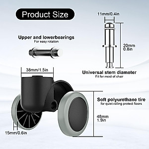 YIOVVOM 5PCS 2 Inch 11mm Universal Standard Size Roller Office Chair Replacement Wheels, Floor Protecting PU Plastic Office Chair Caster Wheels Standard Stem Size - Black/Gray