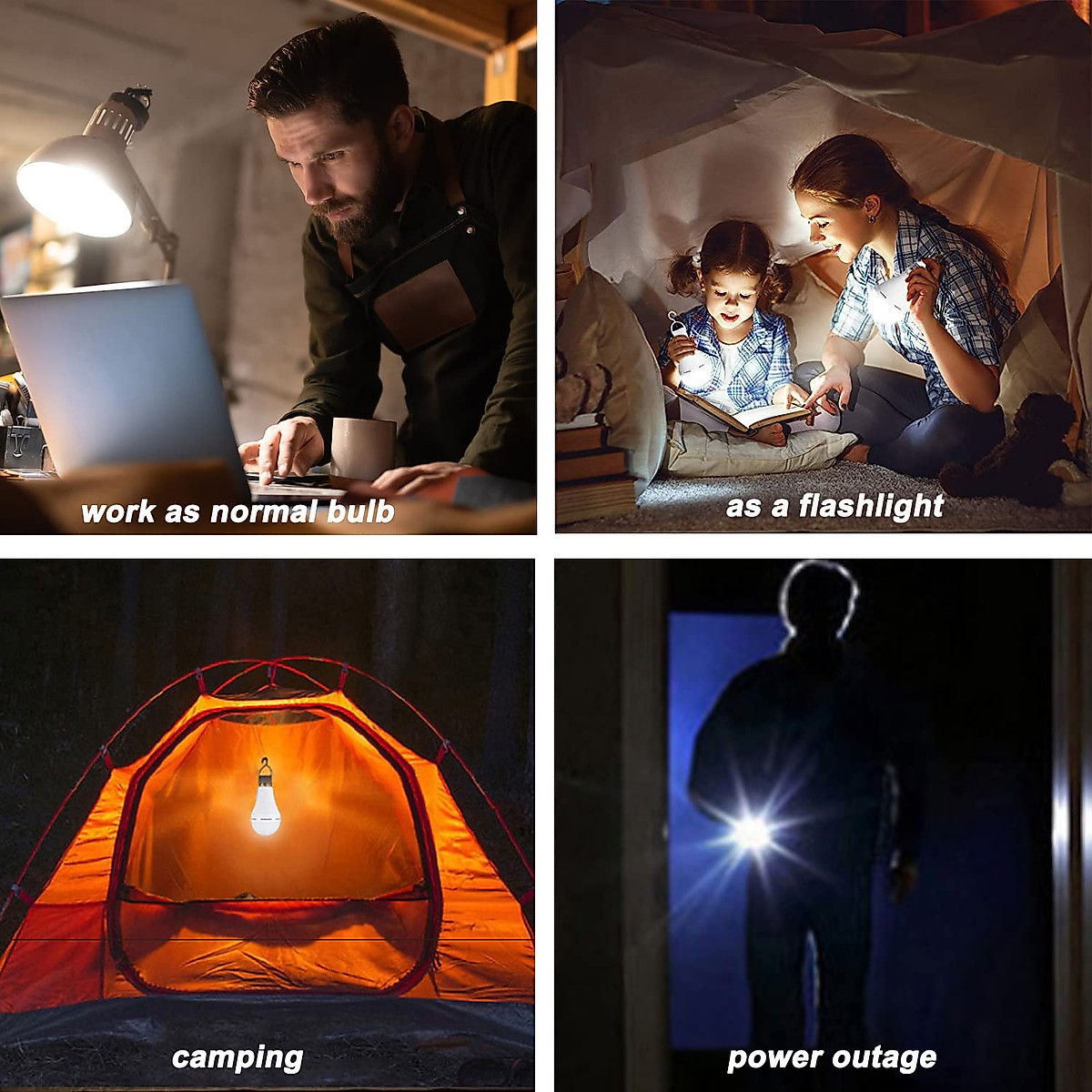 Furoching A19 Rechargeable Emergency LED Bulb, 9W 60W Equivalent Battery Backup Emergency Light with Switch Hook, E26 6000K for Home Power Outage Outdoor Activity Camping Hurricane,4-Pack