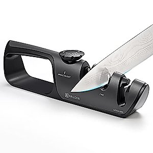 PAUDIN Knife Sharpener, 3-Stage Manual Professional Knife Sharpening Tool with Grip for Kitchen Straight Knives, Serrated Knives and Scissors, Conveniently to Restore and for Dull Blades Polishing