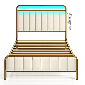 Rolanstar Bed Frame Twin Size with Charging Station and LED Lights, Upholstered Velvet Bed with Headboard Footboard, Heavy Duty Metal Slat, No Box Spring Need, Noise Free, Easy Assembly, Golden Color