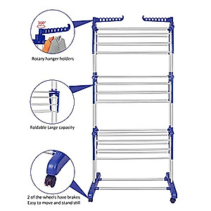 innotic Clothes Drying Rack, Stainless Steel Oversized 4-Tier Collapsible Rolling Drying Rack Clothing Folding Laundry Drying Rack Stand Indoor/Outdoor with Side Wings and Casters Gray Blue