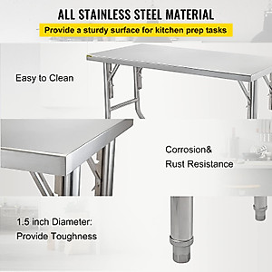 VEVOR Commercial Worktable Workstation 48 x 24 Inch Folding Commercial Prep Table, Heavy-duty Stainless Steel Folding Table with 661 lbs Load, Kitchen Work Table, Silver Stainless Steel Kitchen Island
