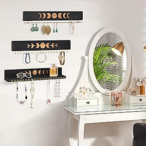 Y&ME YM Jewelry Holder Organizer Wall Mount Set of 3, Hanging Bracelet Necklace Ring Earring Holder Organizer, Wood Floating Shelves for Wall Décor, Sunglass Organizer, Moon Shelf for Crystal Display