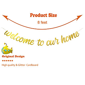 Starsgarden Glitter Gold Welcome to Our Home Banner for Housewarming Patriotic Military Decoration Family Party Supplies Cursive Bunting Photo Booth Props Sign(Gold Home)