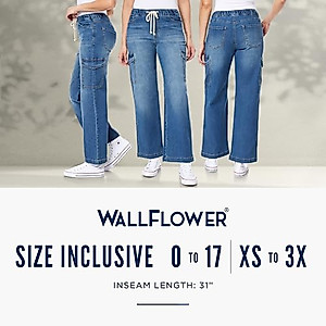 WallFlower Women's Tomboy Relaxed Cargo Denim Mid-Rise Insta Stretch Juniors Jeans, LT Carbon