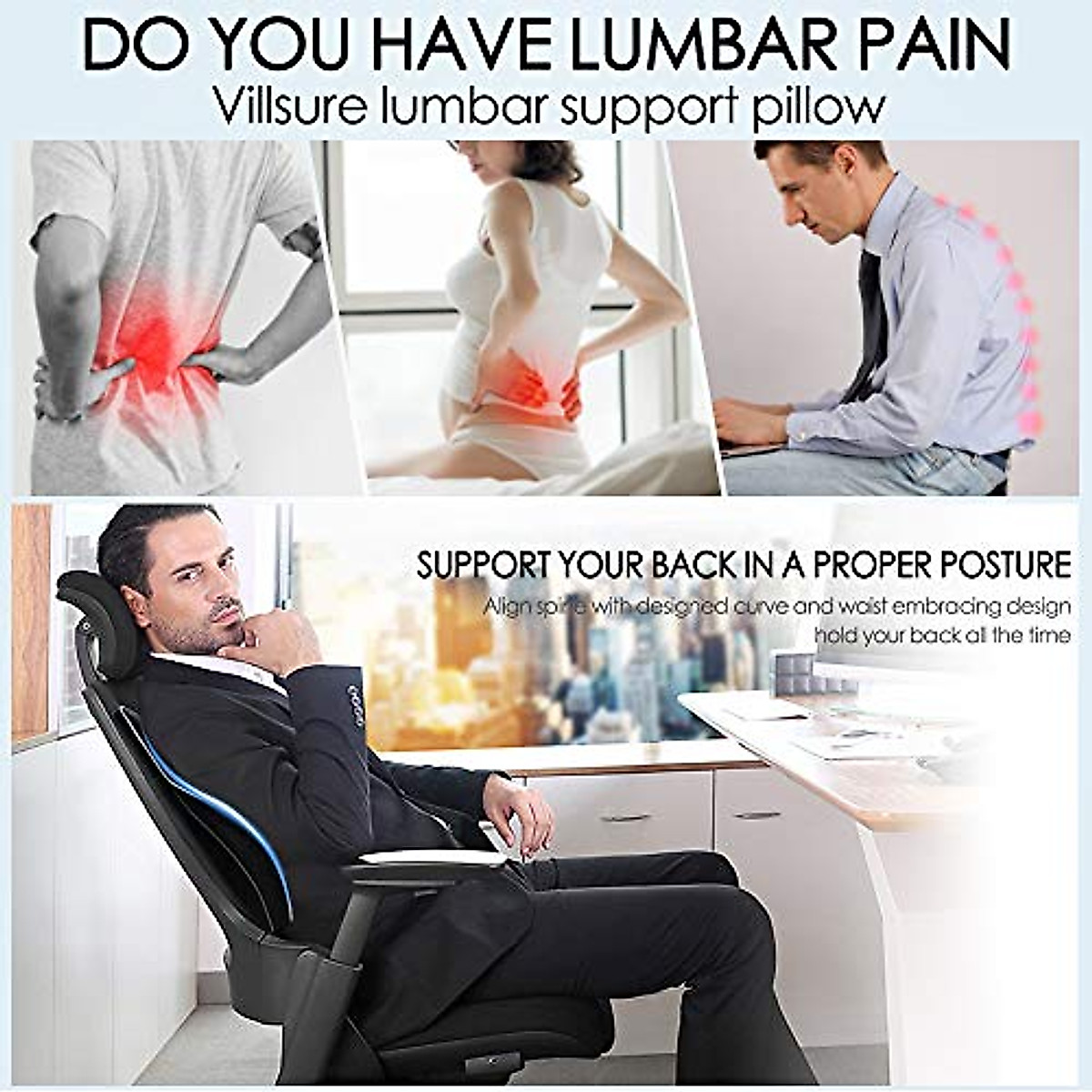 Villsure Lumbar Support Pillow, Memory Foam Back Cushion for Lower Back Pain Relief with Adjustable Elastic Belt, Ergonomic Lumbar Pillow with Breathable Cover for Office Chair/Car Seat/Wheelchair