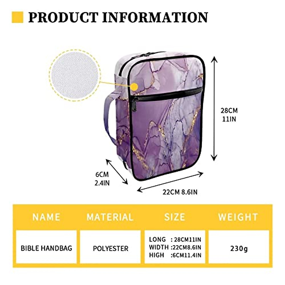Poceacles Purple Marble Priint Bible Cover for Women Large Bible Bags Book Case Bible Case Church Tote Bags with Handle and Zipper Pocket Study Bible Holder