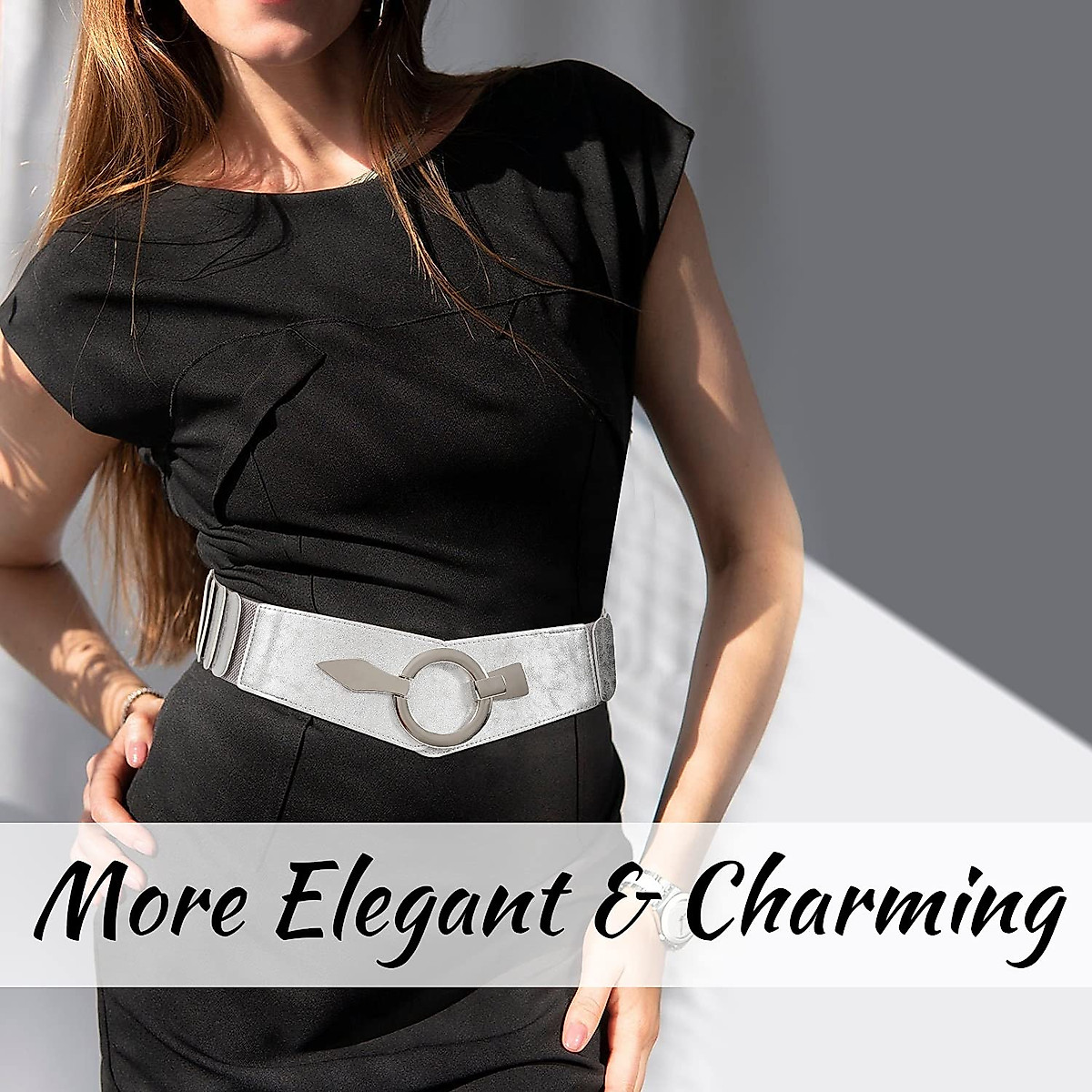 SUOSDEY Women Fashion Wide Elastic Belt Stretch Waist Belt with Easy Silver Buckle for Dresses,silver,S