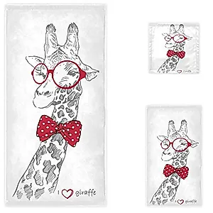 Naanle Stylish Giraffe with Glasses and Tie Soft Set of 3 Towels, 1 Bath Towel+1 Hand Towel+1 Washcloth, Multipurpose for Bathroom, Hotel, Gym, Spa and Beach(White)
