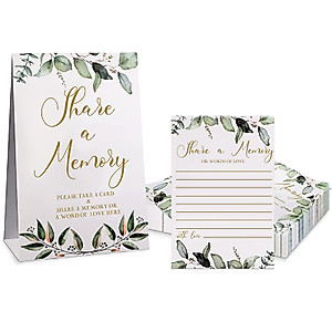 50 Pcs Share a Memory Cards and Greenery Place Cards Seating Place Cards Greenery Eucalyptus for Graduation, Wedding, Bridal Shower, Birthday Party, Celebration Anniversary, Funeral (Gold Font)