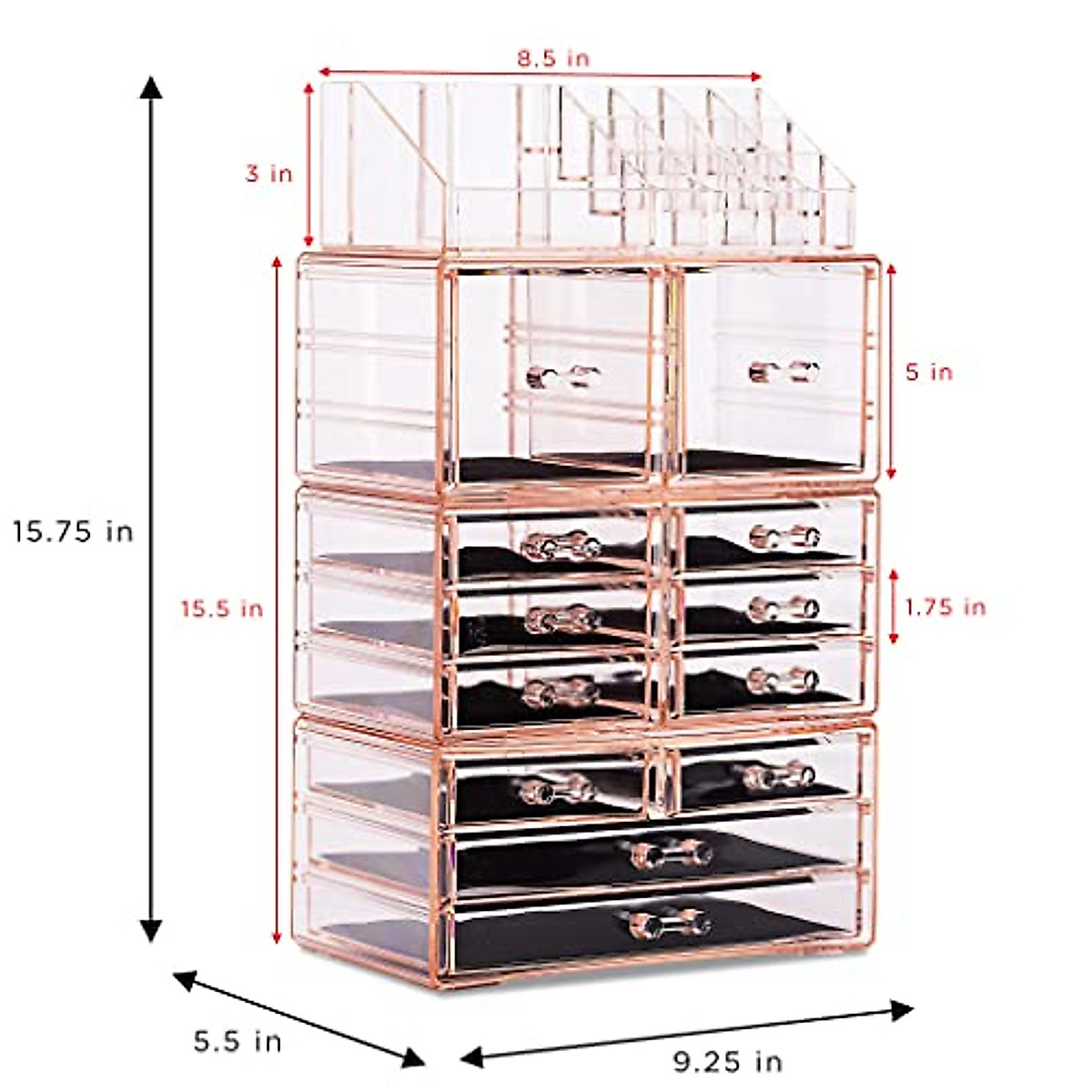 Sorbus Large Makeup Organizer - Clear Stackable Jewelry & Makeup Organizer For Vanity, Bathroom Storage, Dresser - 12 Drawers Cosmetic Beauty Organizers and Storage with Lipstick, Makeup Brush Holder