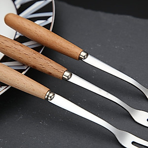 DEEKOUDT 6 Pcs Wooden Handle Stainless Steel Two Prong Forks Fruit Cake Appetizer Forks