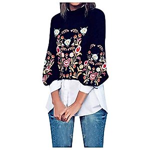 Akabsh Women Long Sleeve Retro Printed Drawstring Pullover Sweatshirt Blouse Tops