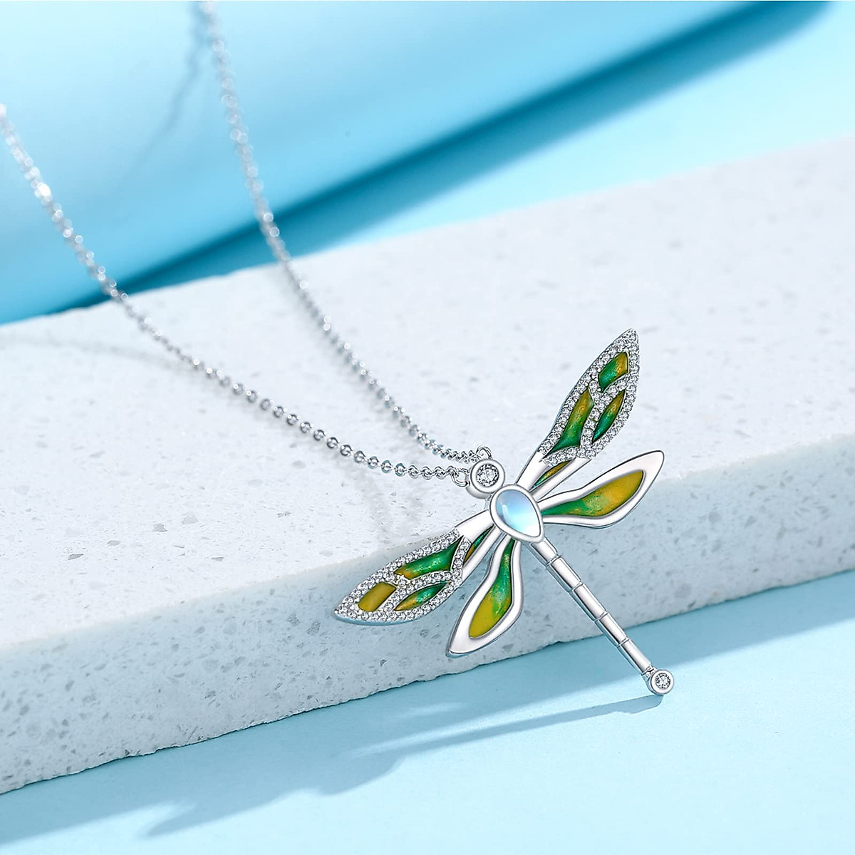 Dragonfly Moonstone Necklace 925 Sterling Silver Dragonfly Pendant Necklaces for Woman Sister Best Friend Dainty Cute Animal Delicate Jewelry Birthday Christmas Gift