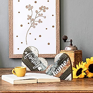 2 Pcs Rustic Wood Love Home Sign Heart Shaped Wooden Table Centerpiece Farmhouse Buffalo Plaid Family Sign for Home Living Room Kitchen dining room Table Decoration (Simple Style)