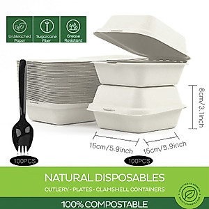 Clamshell Food Containers,100 Pack Hinged Container Disposable Bagasse Take Out Food Box,Single Compartment Takeout Hamburger Box with Hinged Lid for Kitchens, Restaurants, Food Trucks (White)
